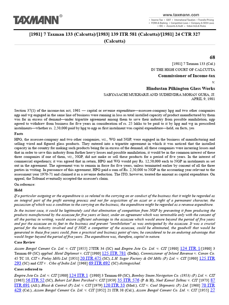 CIT Vs Hindustan Pilkington Glass Works (1983) 139 ITR 581 (Calcutta) | PDF | Expense | Lease