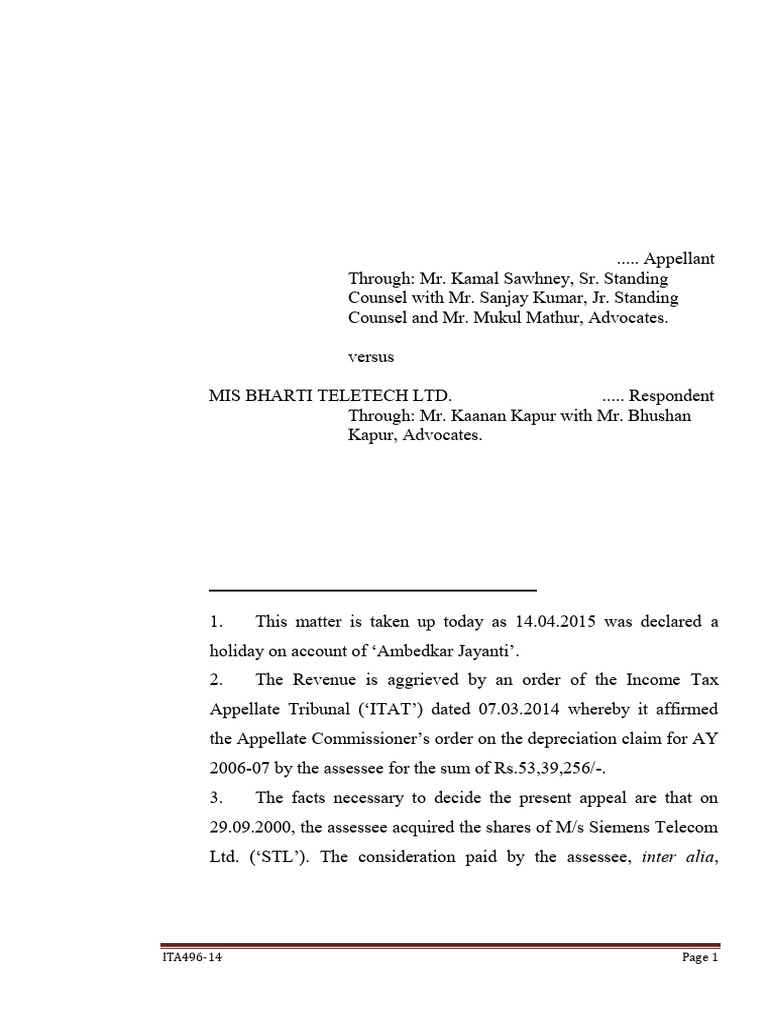 CIT Vs Mis Bharti Teletech LTD - Delhi High Court | PDF | Goodwill ...