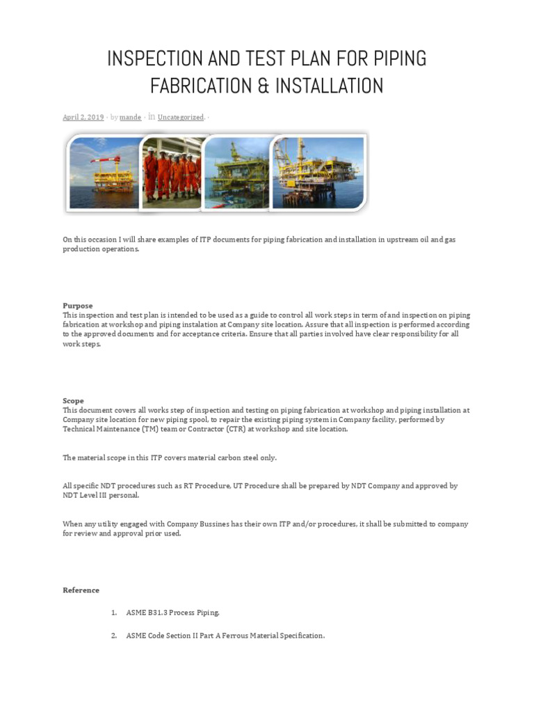 iNSPECTION AND TEST PLAN FOR PIPING FABRICATION | PDF | Nondestructive ...