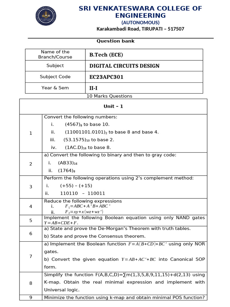 DCD Question Bank For II-I ECE (R23) | PDF | Logic Gate | Boolean Algebra