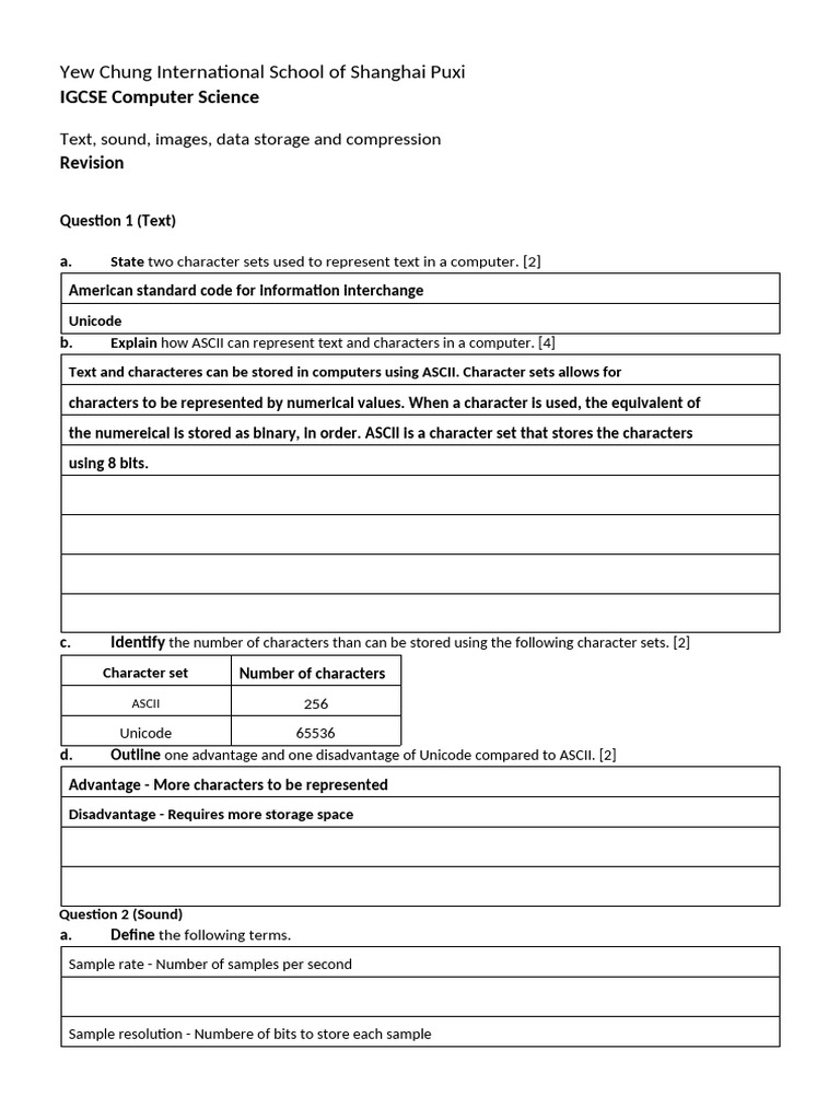 IGCSE Computer Science Revision: Data Representation | PDF | Data Compression | Character Encoding