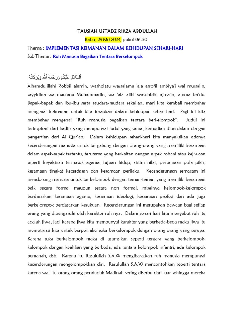 Ruh Manusia Bagaikan Tentara Berkelompok_29Mei2024 | PDF