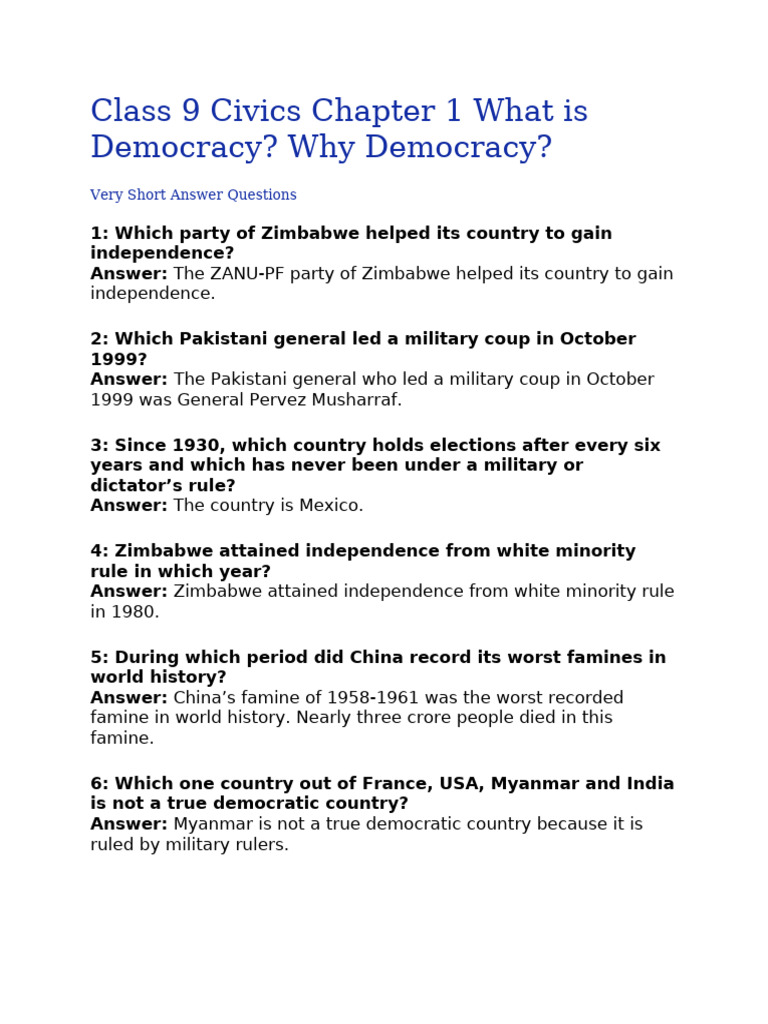 Class 9 Civics Chapter 1 What Is Democracy | PDF | Democracy | Political Ideologies