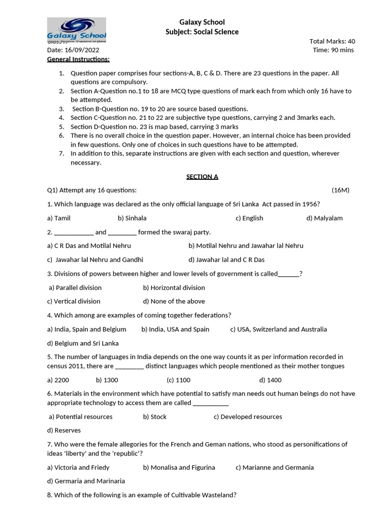 10 TH SST - Sample Practice PA | PDF | Economies