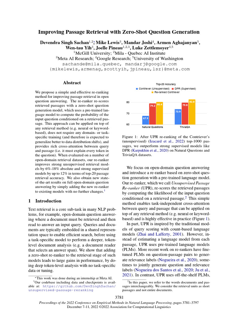 Improving Passage Retrieval with Zero-Shot Question Generation | PDF | Information Retrieval ...