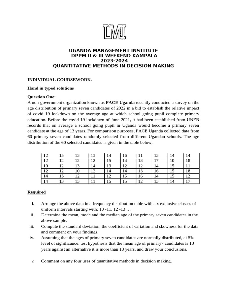QUANTITATIVE METHODS COURSE WORKDPPM 2-3 | PDF
