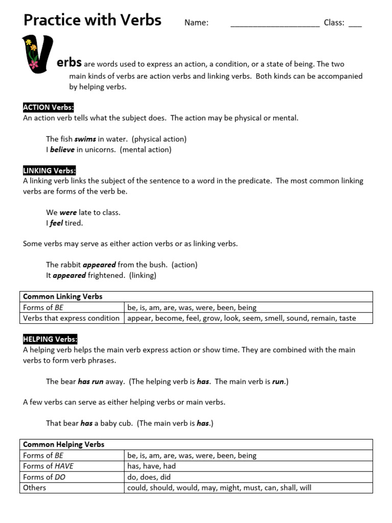Verbs: Action, Linking, and Helping | PDF | Verb | Subject (Grammar)