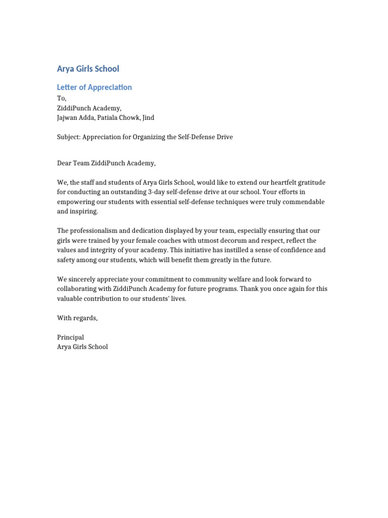 Arya Girls School Appreciation Letter | PDF