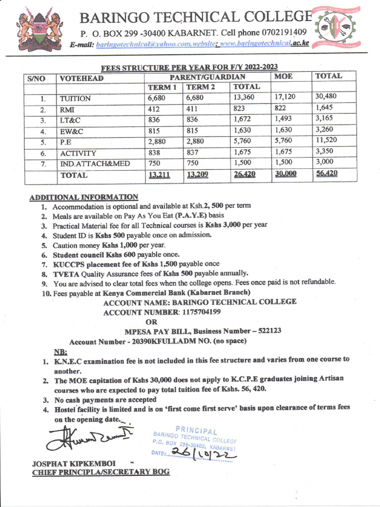 Baringo Technical Fees Structure | PDF