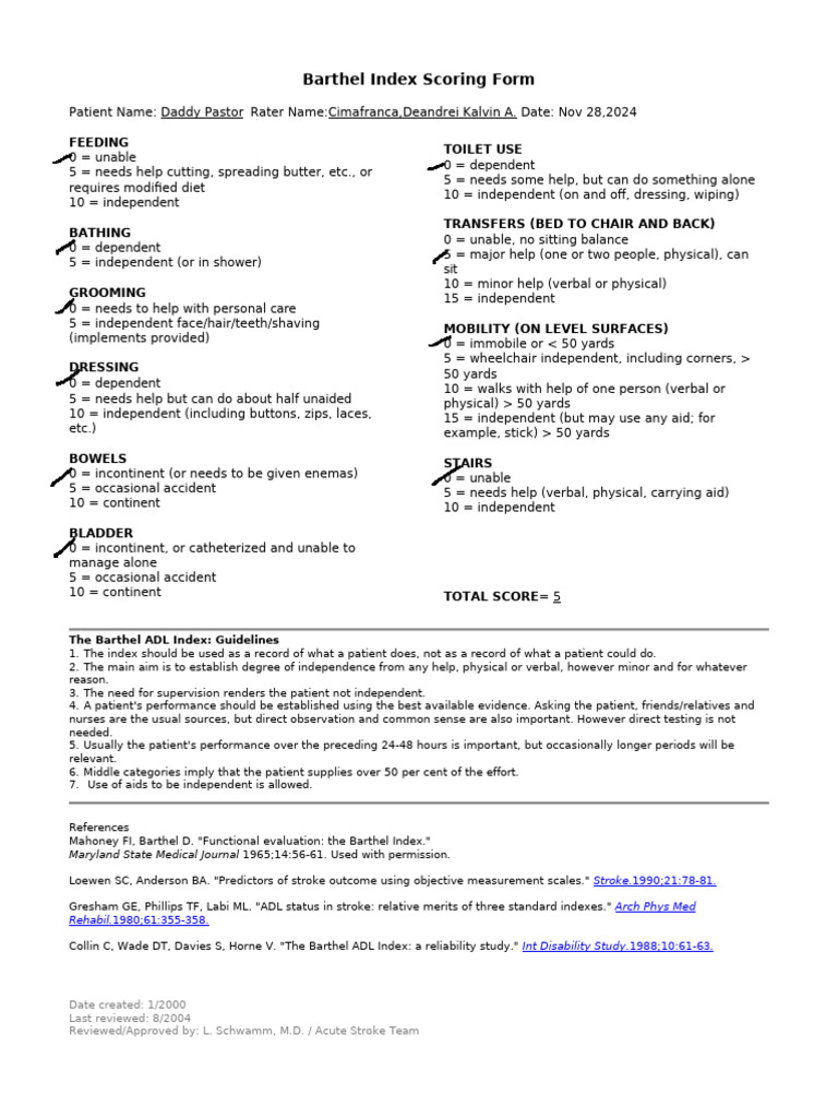 Barthel Index Scoring Guide | PDF | Medical Specialties | Clinical Medicine