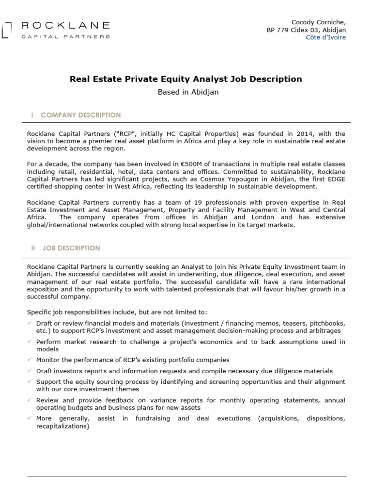 Real Assets Analyst - Job Description - RCP | PDF | Private Equity ...