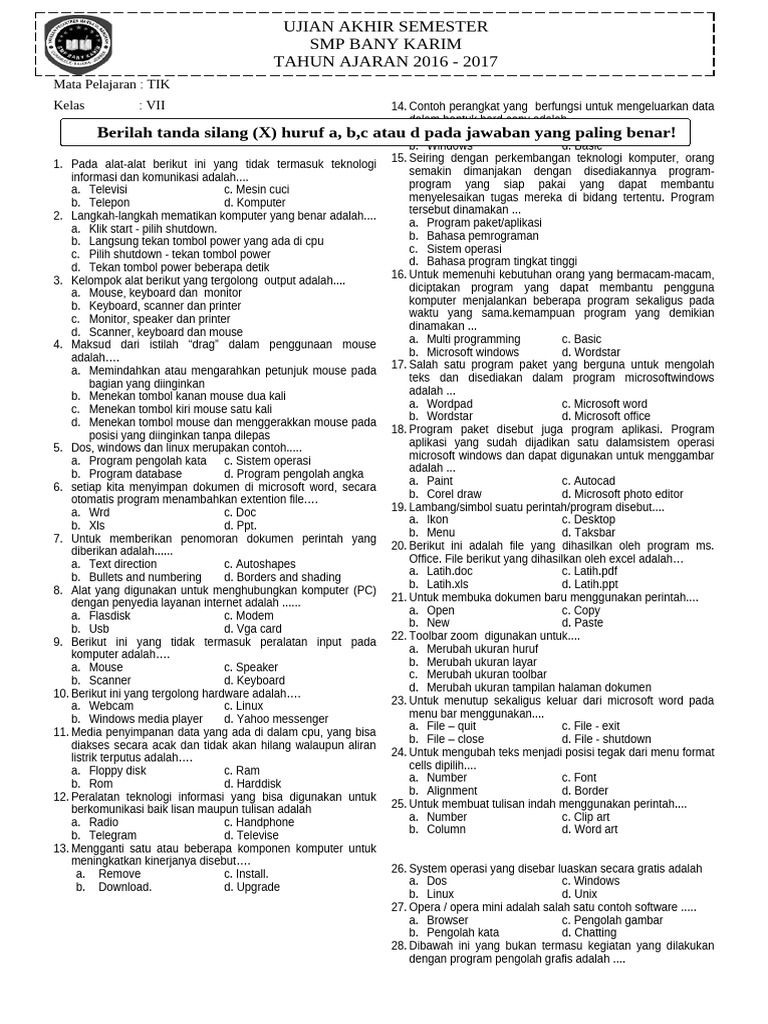 soal uas TIK klas 7 semester 2 | PDF