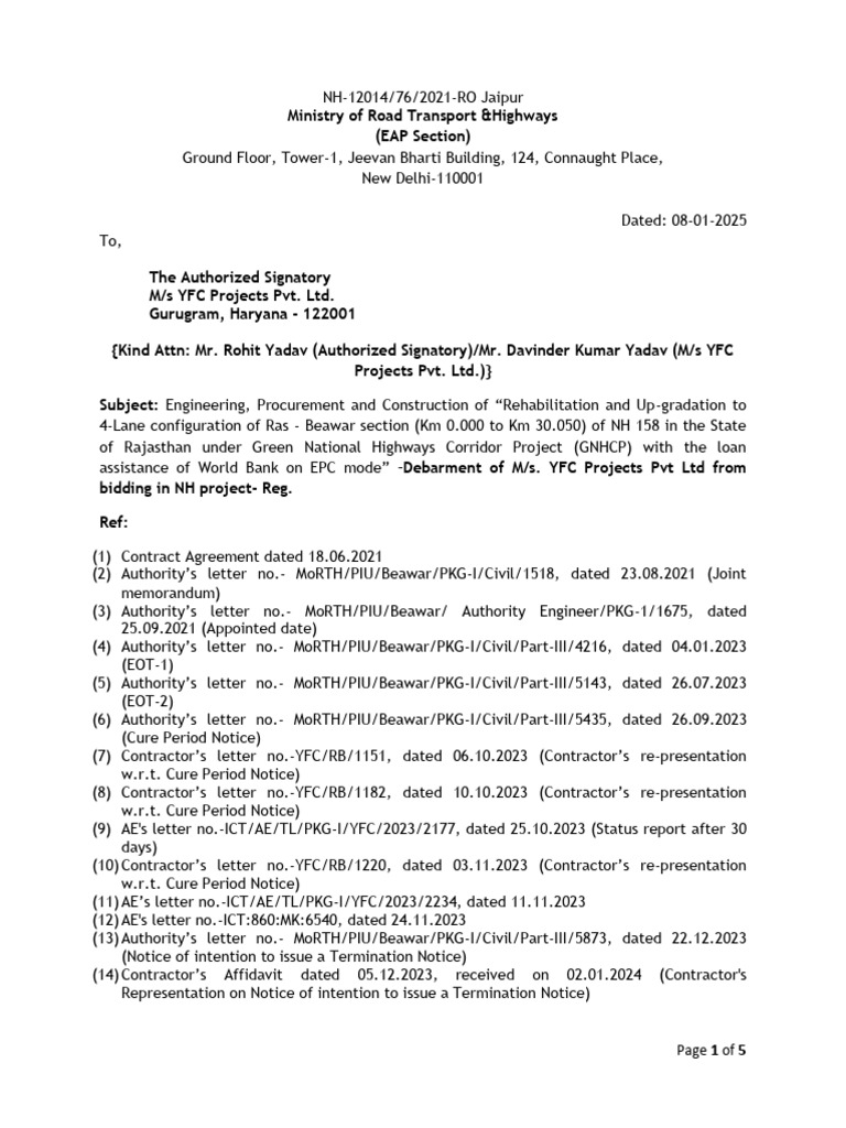 Debarment Order Dated 08.01.2025 YFC Projects PVT LTD | PDF | Breach Of ...