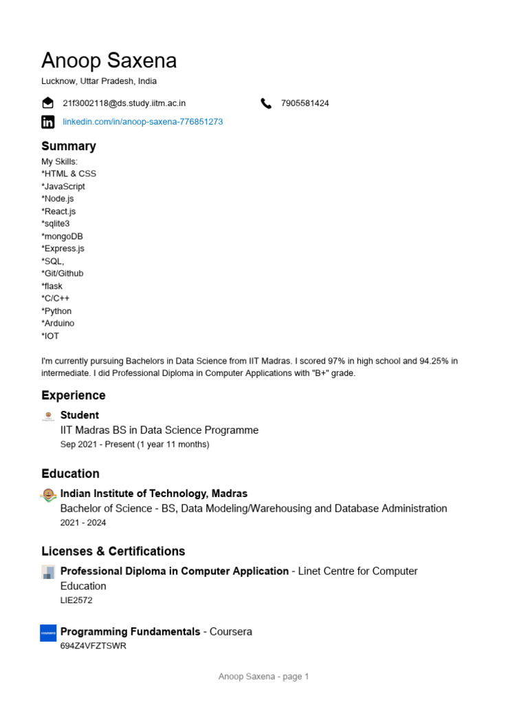 Resume Anoop Saxena | PDF
