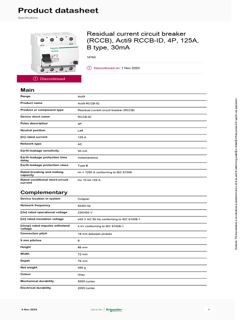 Acti9 RCCB-ID 4P 125A Specifications | PDF | Alternating Current | Electrical Engineering