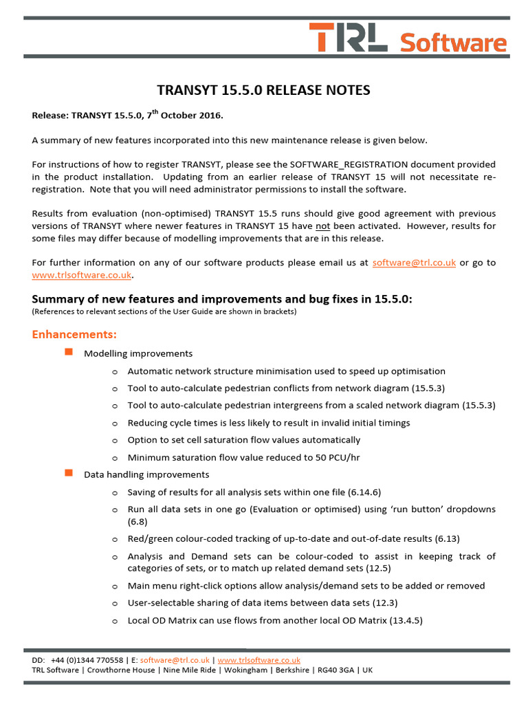 TRANSYT-15.5.0-release-notes | PDF | Traffic | Matrix (Mathematics)