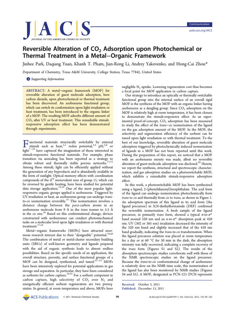 Park 等 - 2012 - Reversible Alteration of CO2 Adsorption Upon Photo ...