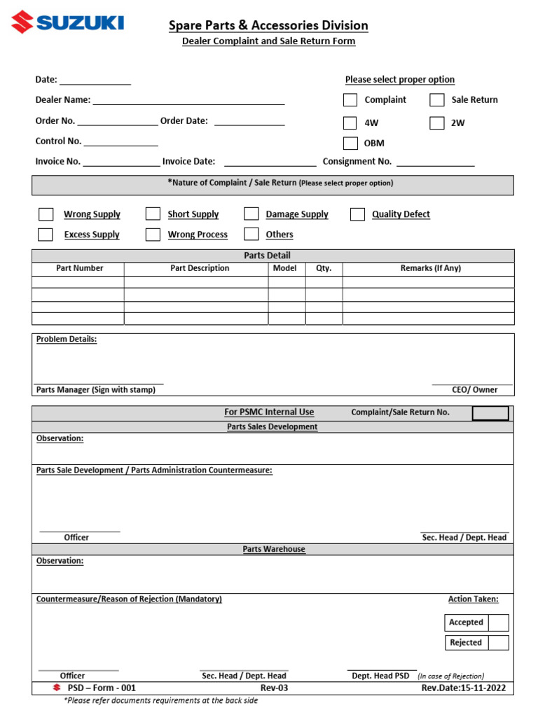 Dealer Complaint & Return Form Guide | PDF