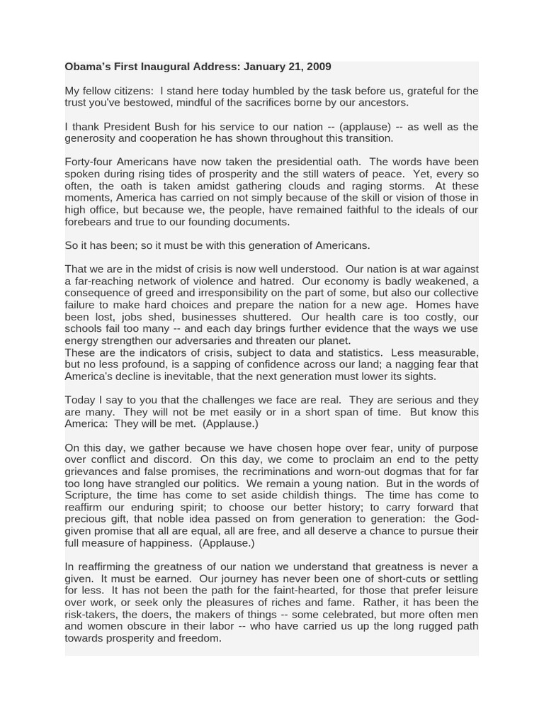 Obama’s 2009 Inaugural Address Highlights | PDF