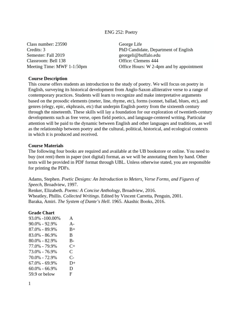 ENG 252 Syllabus (10.12) - 1 3 | PDF | Metre (Poetry) | Poetry