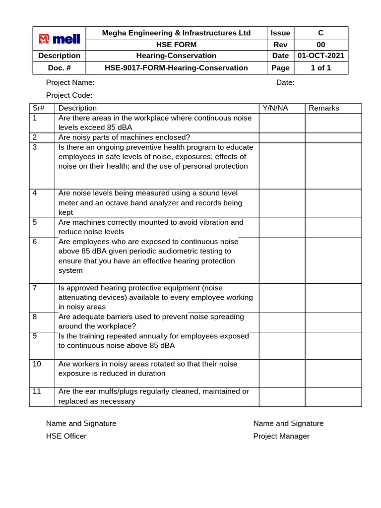 Hearing Conservation Checklist | PDF