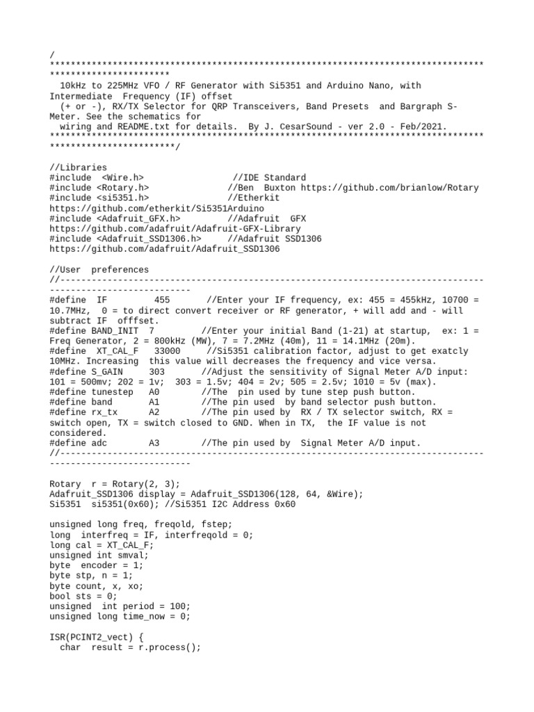 Sketch Si5351 Vfo RF Gen Oled JCR v2 | PDF | Analog To Digital ...