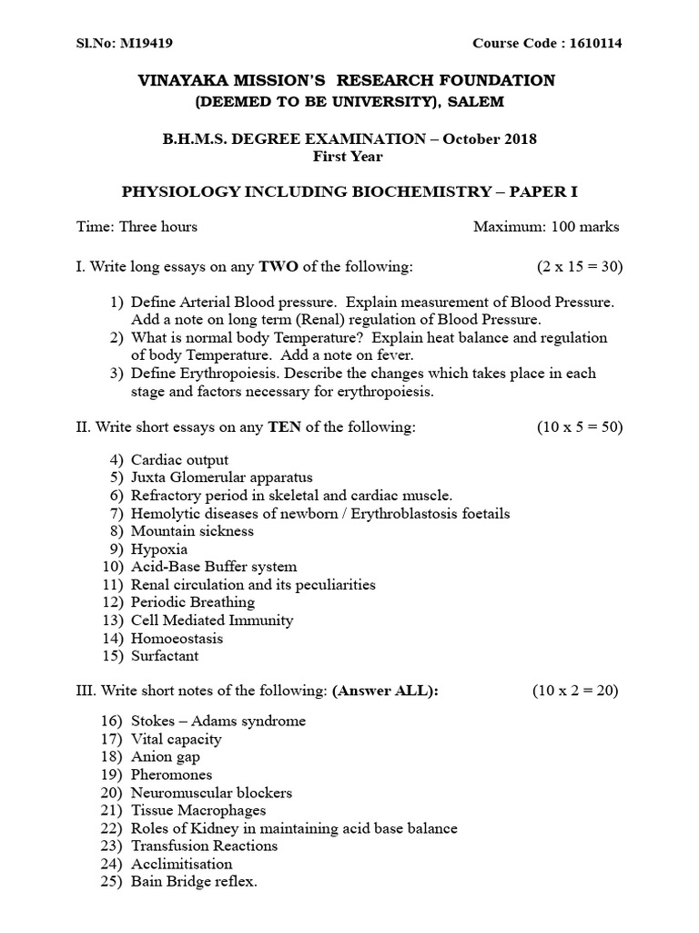 Physiology Incl - Biochem Paper I | PDF