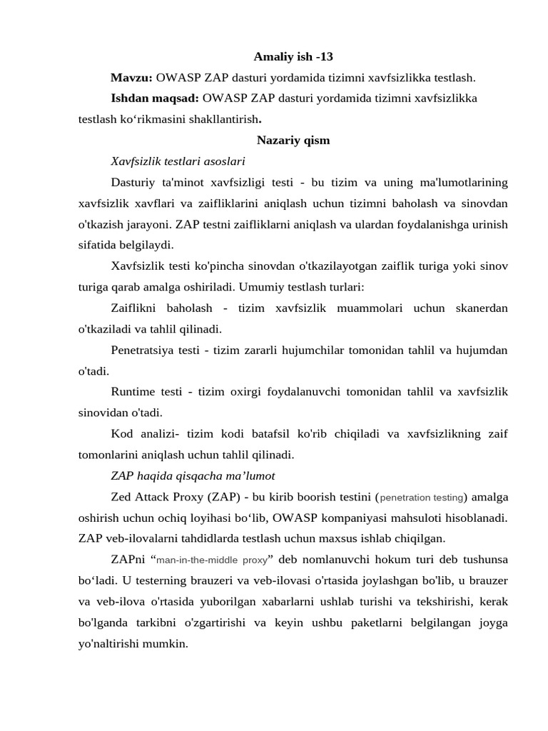 Amaliy Ish - 13 Mavzu - Owasp Zap Dasturi Yordamida Tizimni Xavfsi | PDF