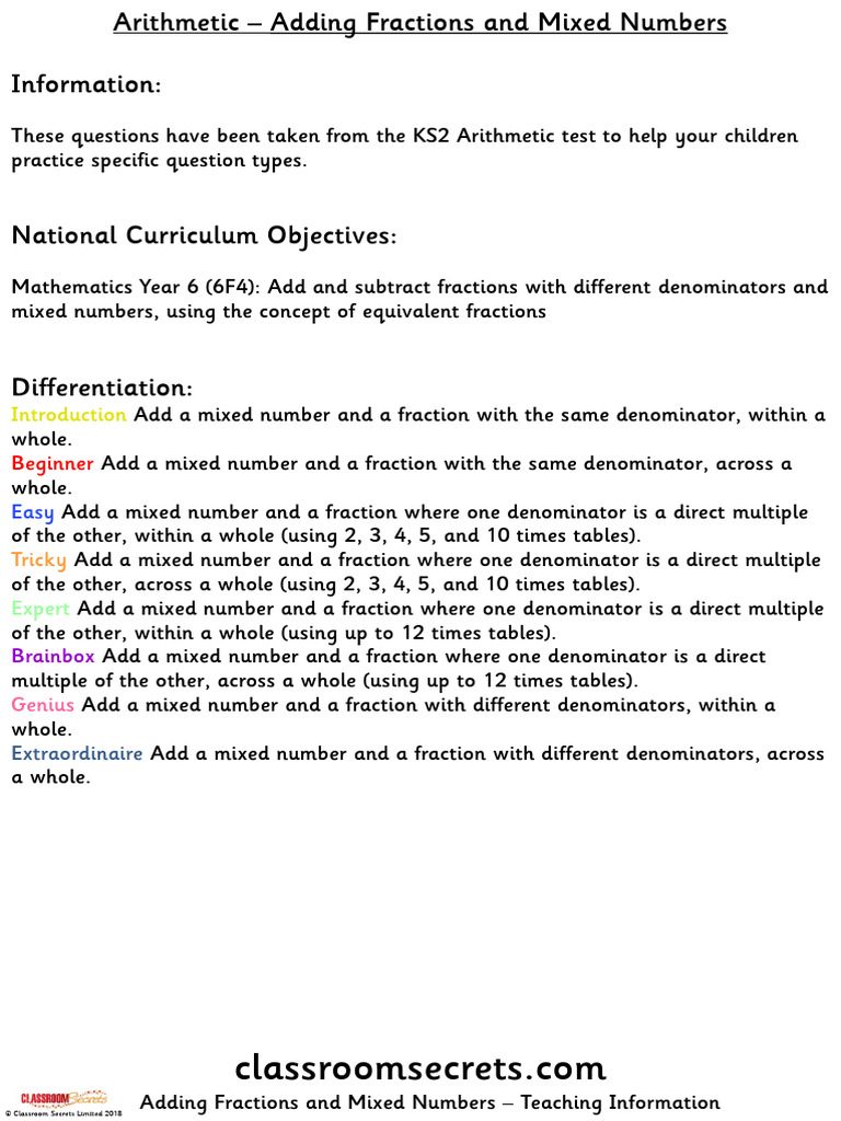 KS2-Adding-Fractions-and-Mixed-Numbers-Arithmetic-Test | PDF | Numbers ...
