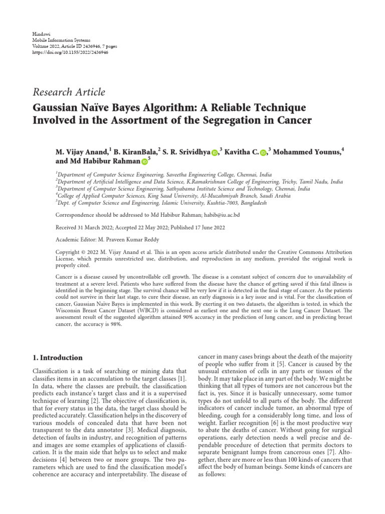 Gaussian Naive Bayes Algorithm A Reliable Techniqu | PDF | Sensitivity And Specificity | Lung Cancer
