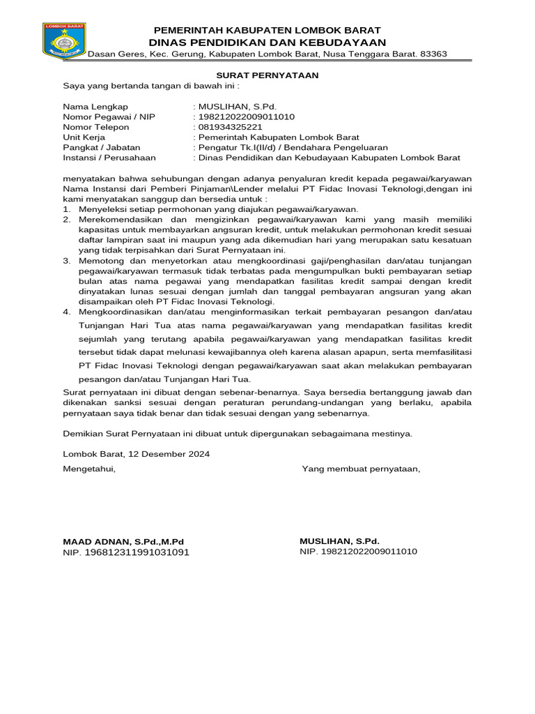 Draft Surat - Pernyataan - Bendahara Dinas Pendidikan Dan Kebudayaan Kabupaten Lombok Barat | PDF