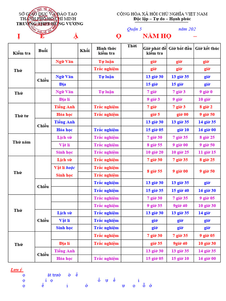 28 11 LICH KIEM TRA HK1 Nh24 25 - Dadieuchinh | PDF