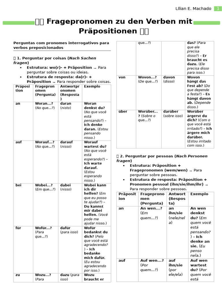?? Fragepronomen Zu Den Verben Mit Präpositionen ?? | PDF | Gramática ...