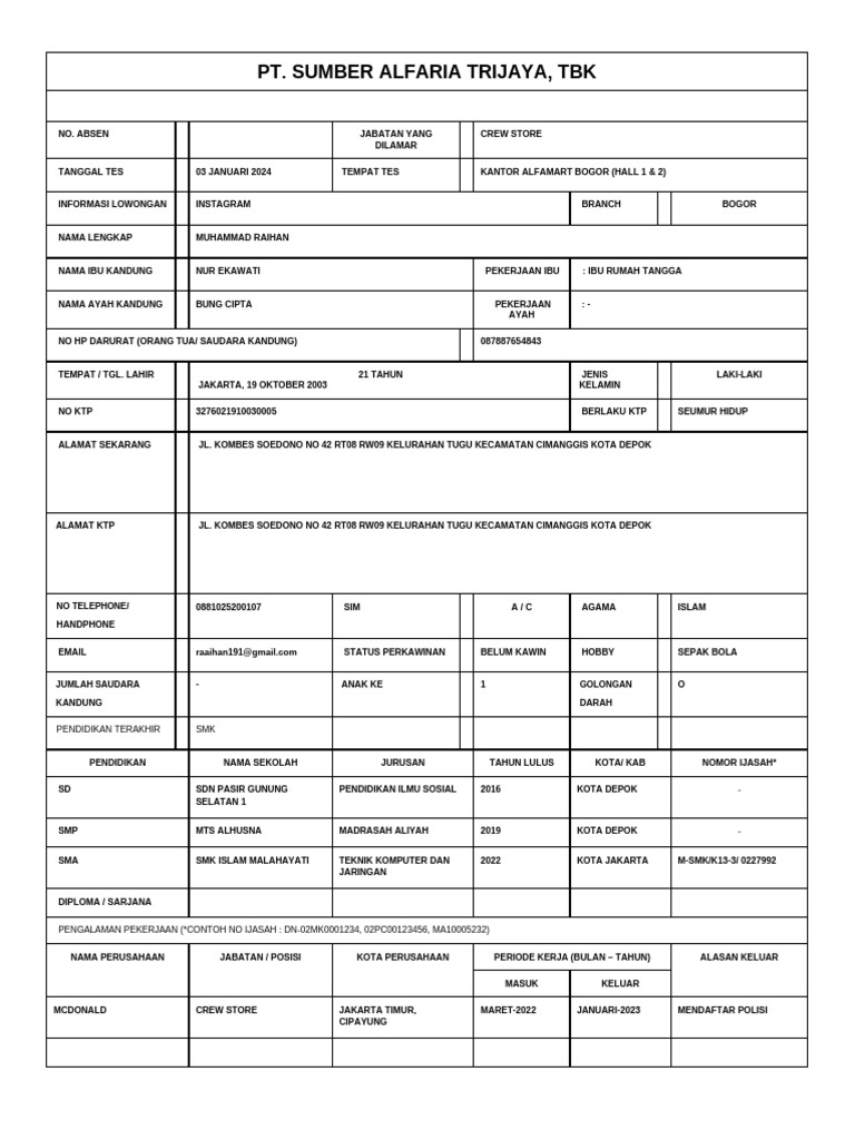 Form Data Lamaran Alfamart | PDF
