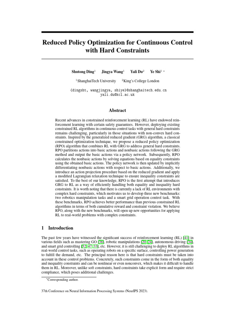 Reduced Policy Optimization for Continous Control With Hard Cosntraints ...