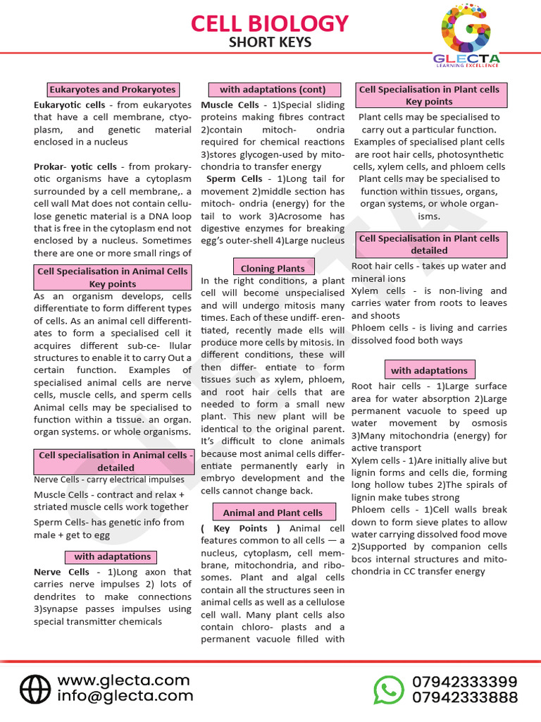 CELL BIOLOGY SHORT KEYS | PDF | Cell (Biology) | Biology