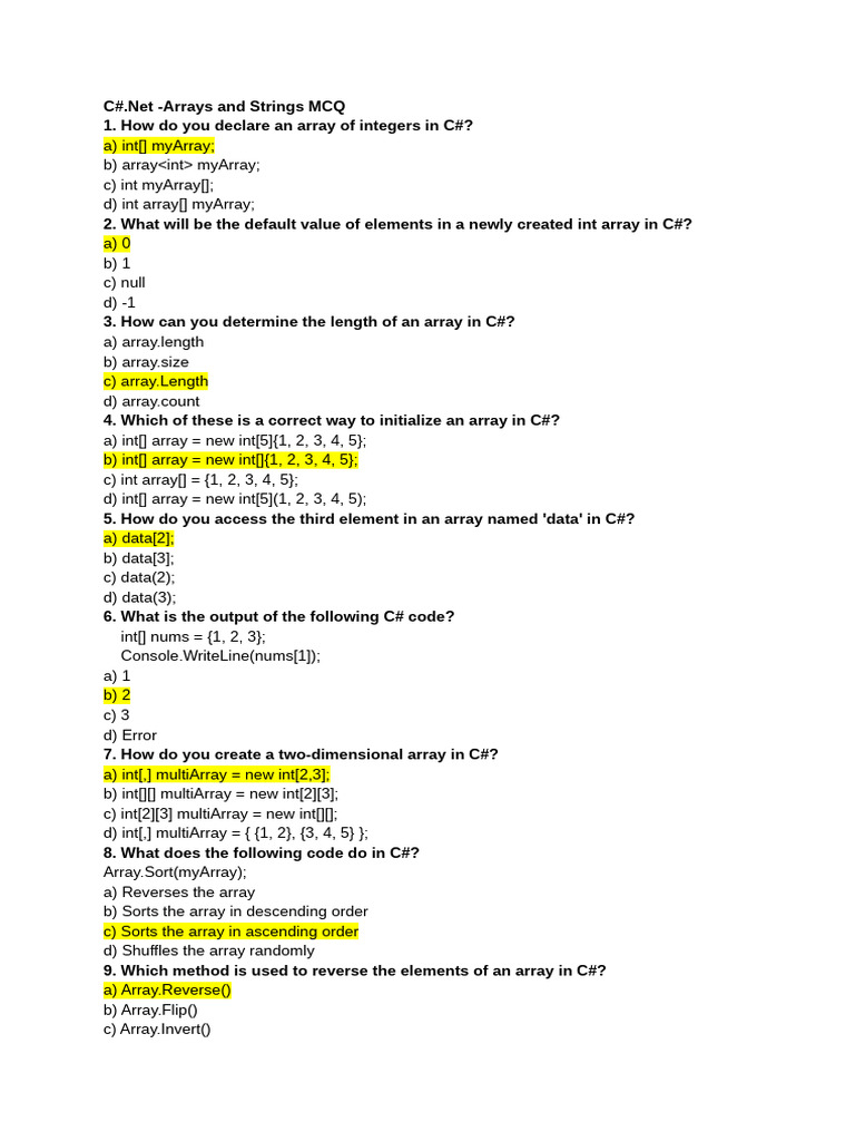 C# Arrays and Strings MCQ Quiz | PDF | C Sharp (Programming Language ...