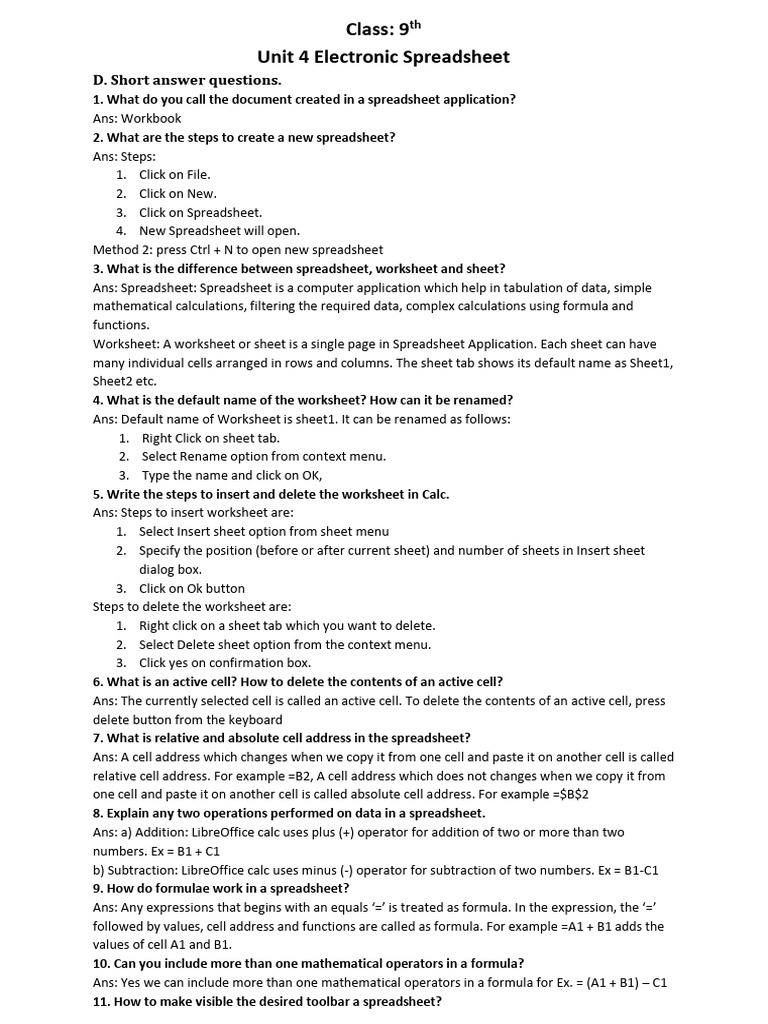 9th Unit 4 Electronic Spreadsheet | PDF | Spreadsheet | Worksheet