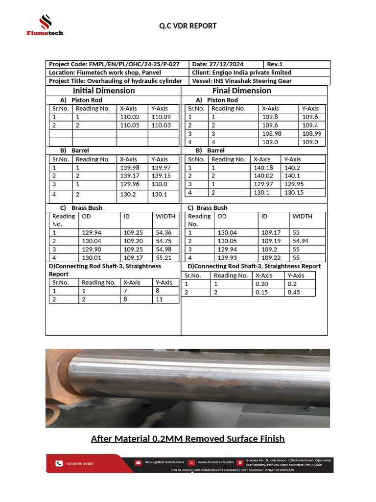 Engiqo Hydraulic Cylinder Overhaul Report | PDF | Bearing (Mechanical ...