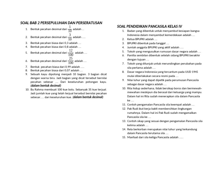 SOAL BAB 2 PERSEPULUHAN DAN PERSERATUSAN | PDF