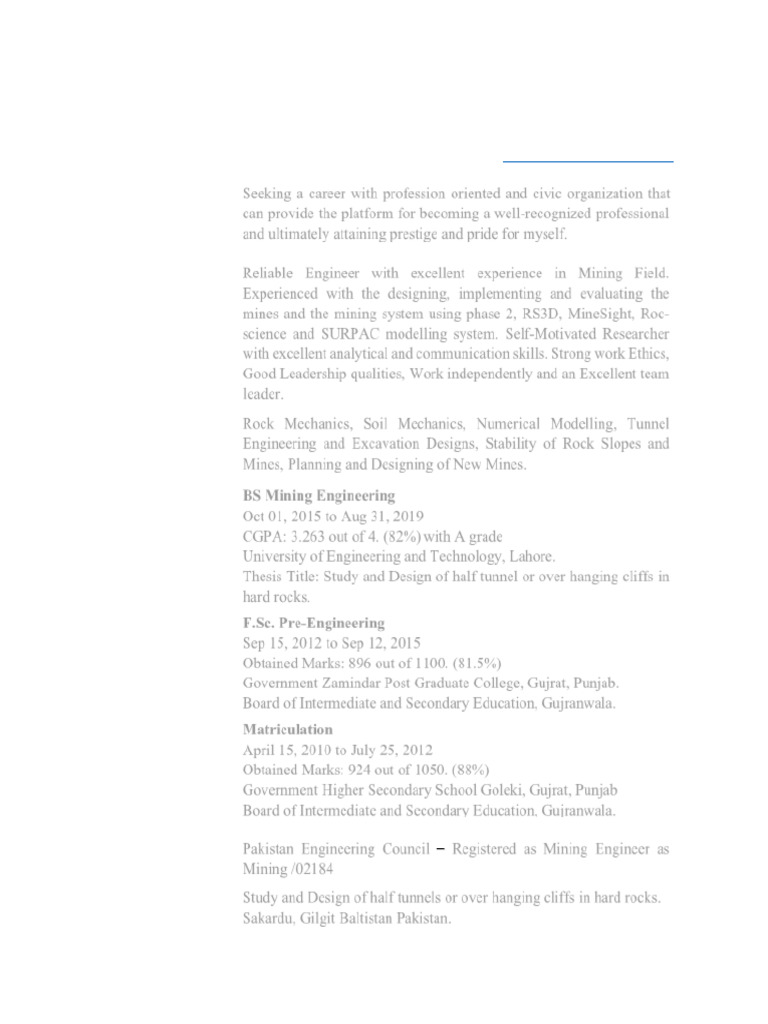 Ghulam Mustafa CV New | PDF | Mining | Rock (Geology)
