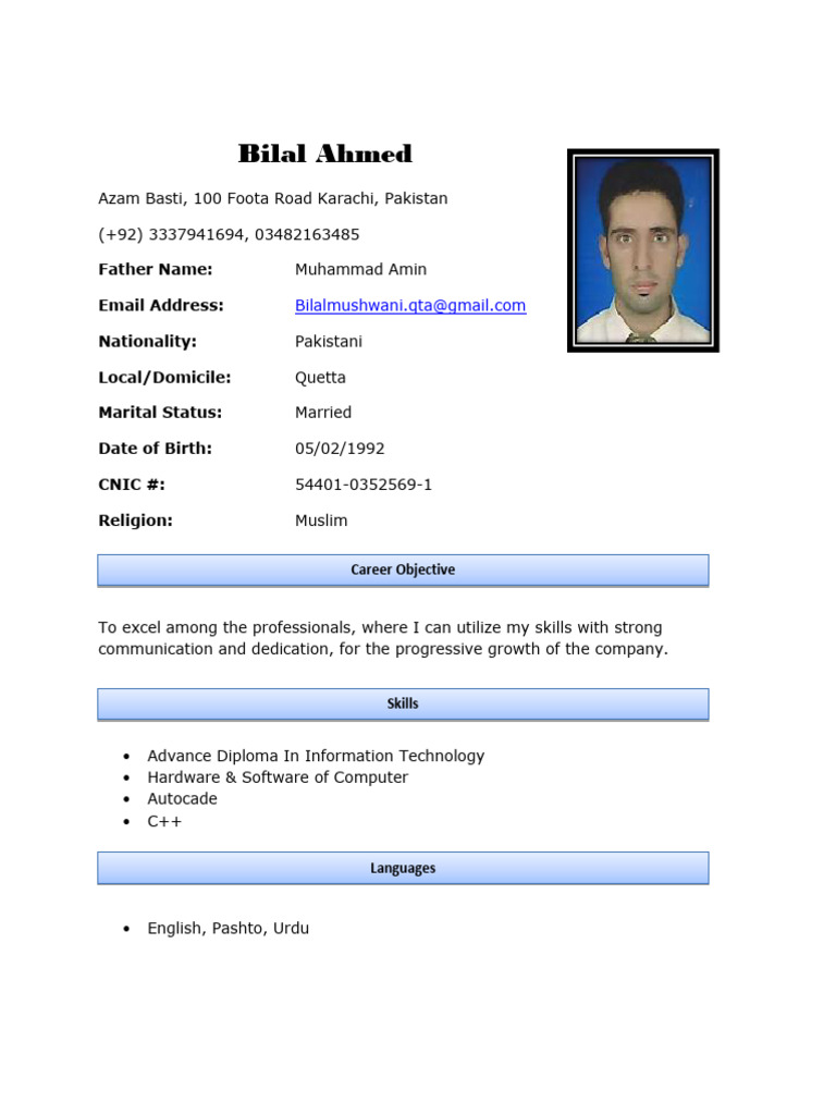 Bilal Ahmed CV | PDF | Pakistan | South Asia