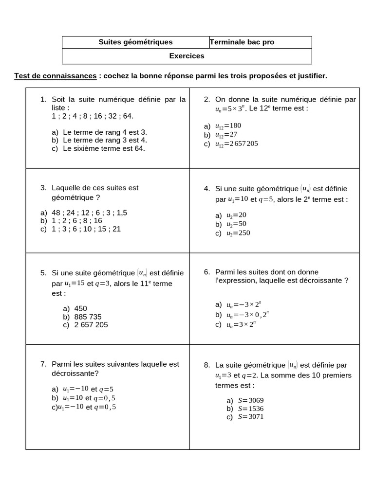 Exercices sur les suites géométriques | PDF
