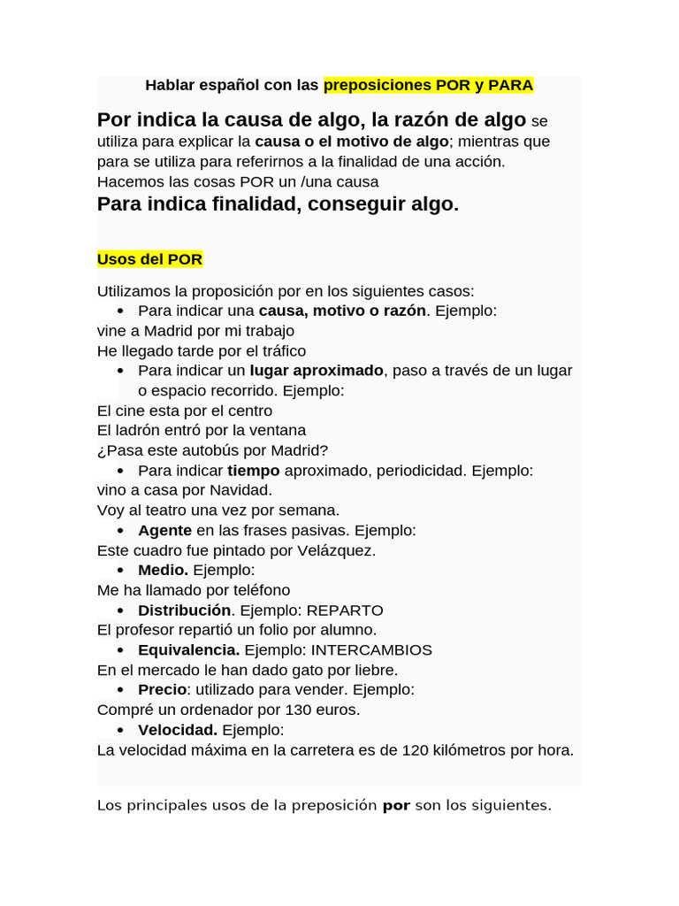 USO - Preposiciones POR y PARA | PDF