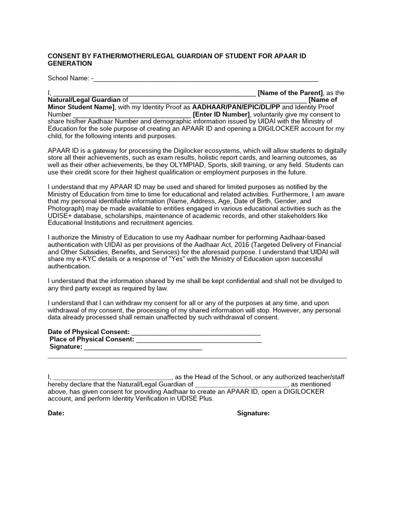 Consent by Fathermotherlegal Guardian of Student For Apaar Id ...