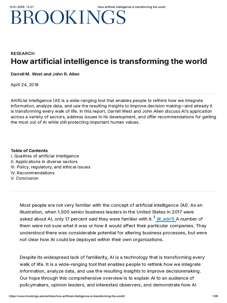 How Artificial Intelligence Is Transforming The World | PDF ...