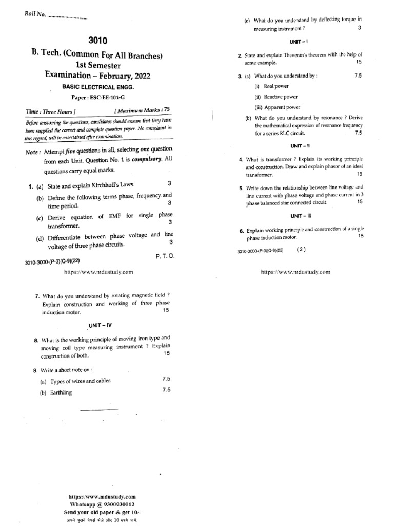 Btech 1 Sem Basic Electrical Engineering 3010 Feb 2022 | PDF