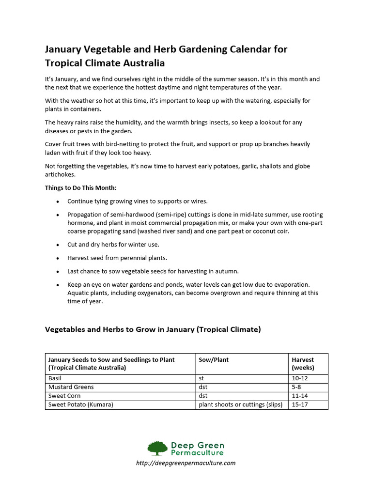 January Gardening Calendar Tropical Climate Australia | PDF ...