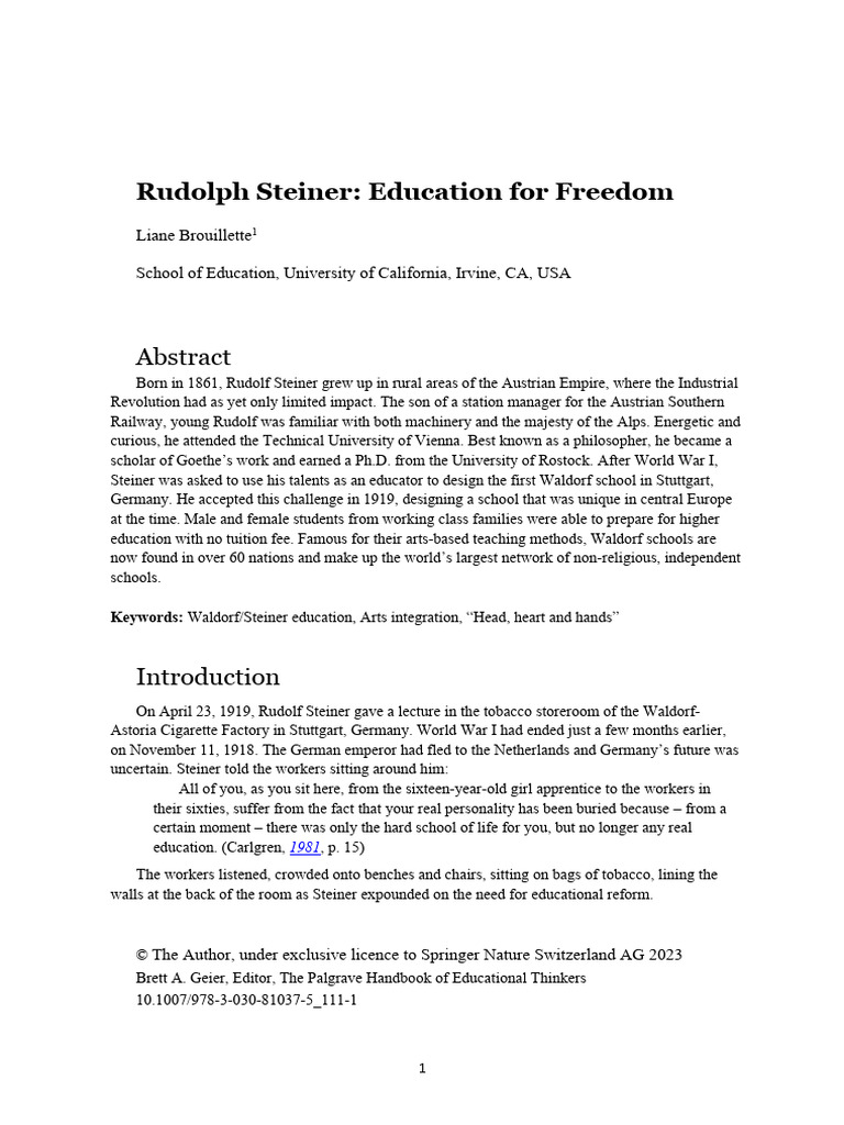 Rudolph Steiner Education For Freedom | PDF | Waldorf Education ...