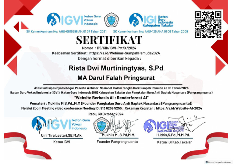 Rista Dwi Murtiningtyas, S.PD Sertifikat Webinar Sumpah Pemuda IGI Takalar-IGVI-Pangrangnuanta | PDF